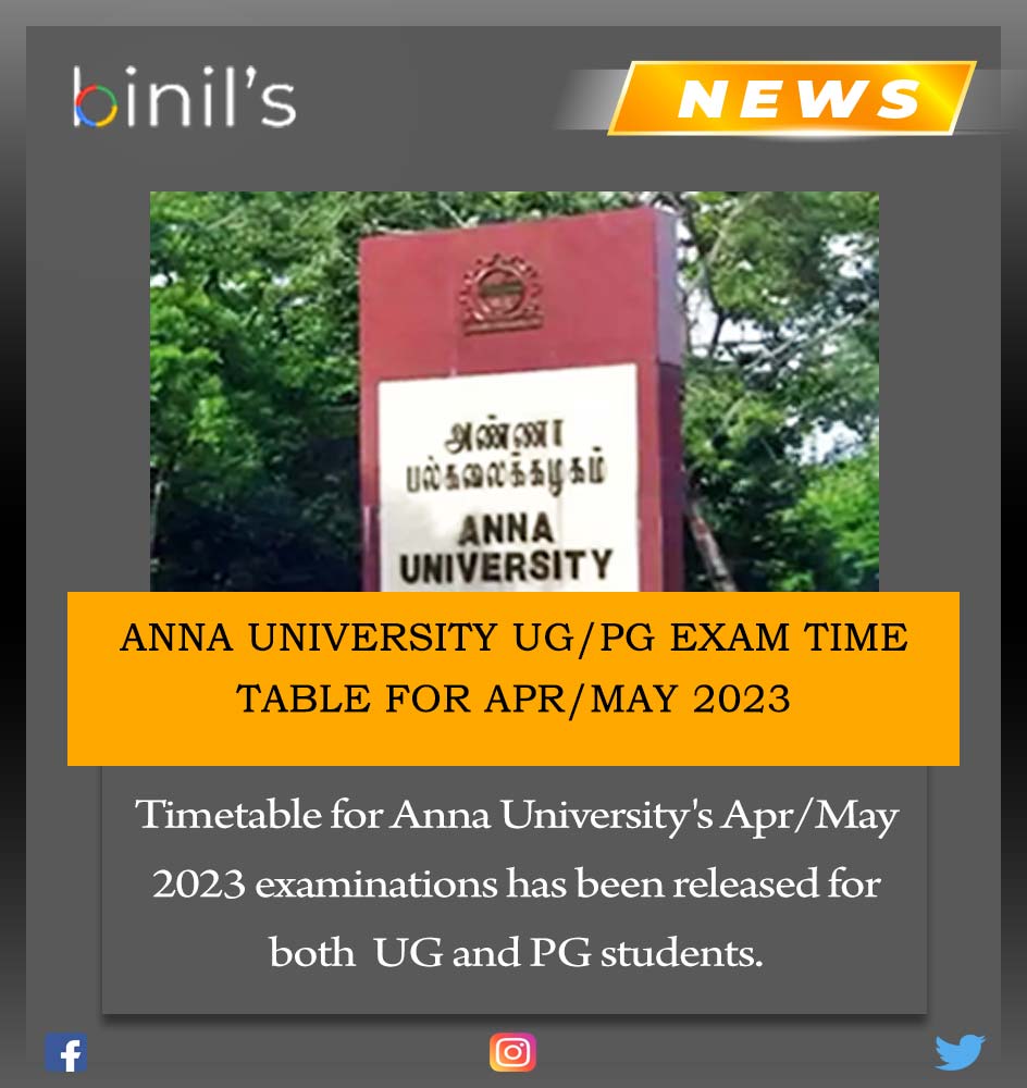 Anna University UG/PG Exam Time Table for Apr/May 2023